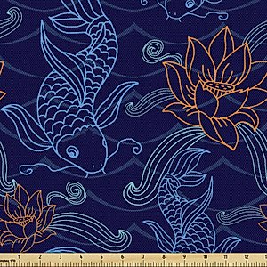 Ambesonne Fish Fabric by The Yard, Oriental Koi Fish Floral Arrangement Petals and Leaves Doodle Style Animal, Decorative Fabric for Upholstery and Home Accents, 3 Yards, Orange Blue