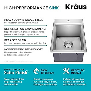 KRAUS Kore 15-Inch Drop In/Top Mount Workstation 16 Gauge Single Bowl Stainless Steel Bar Kitchen Sink with Accessories, KWT311-15