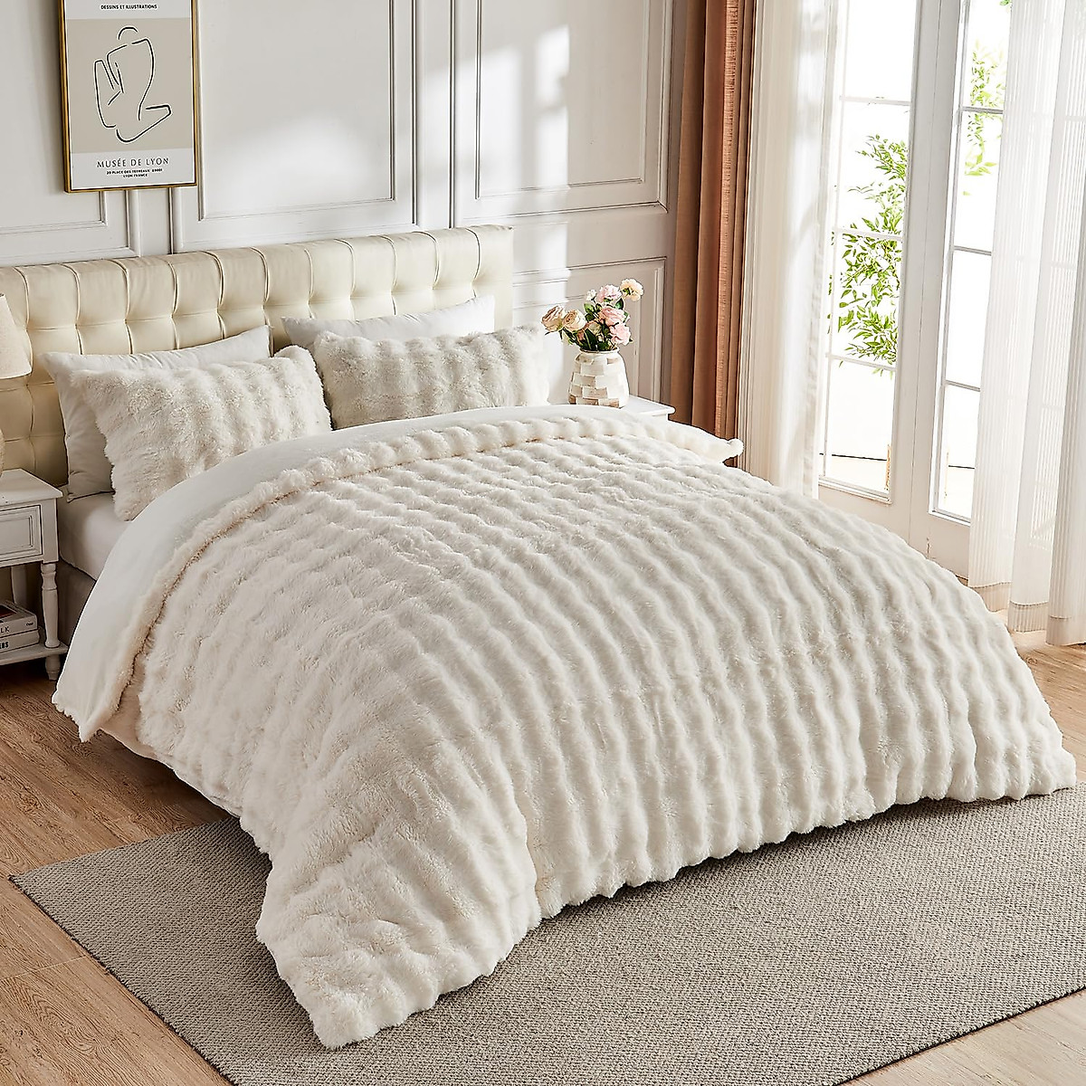 Lotus Karen Fluffy Comforter Queen Set Cover Set-Rabbit Fluff Faux Fur Duvet Cover Queen Size,Cream White Plush Fuzzy Furry Bedding Sets 3Pieces(1 Duvet Cover & 2 Pillow Shams),Zipper Closure