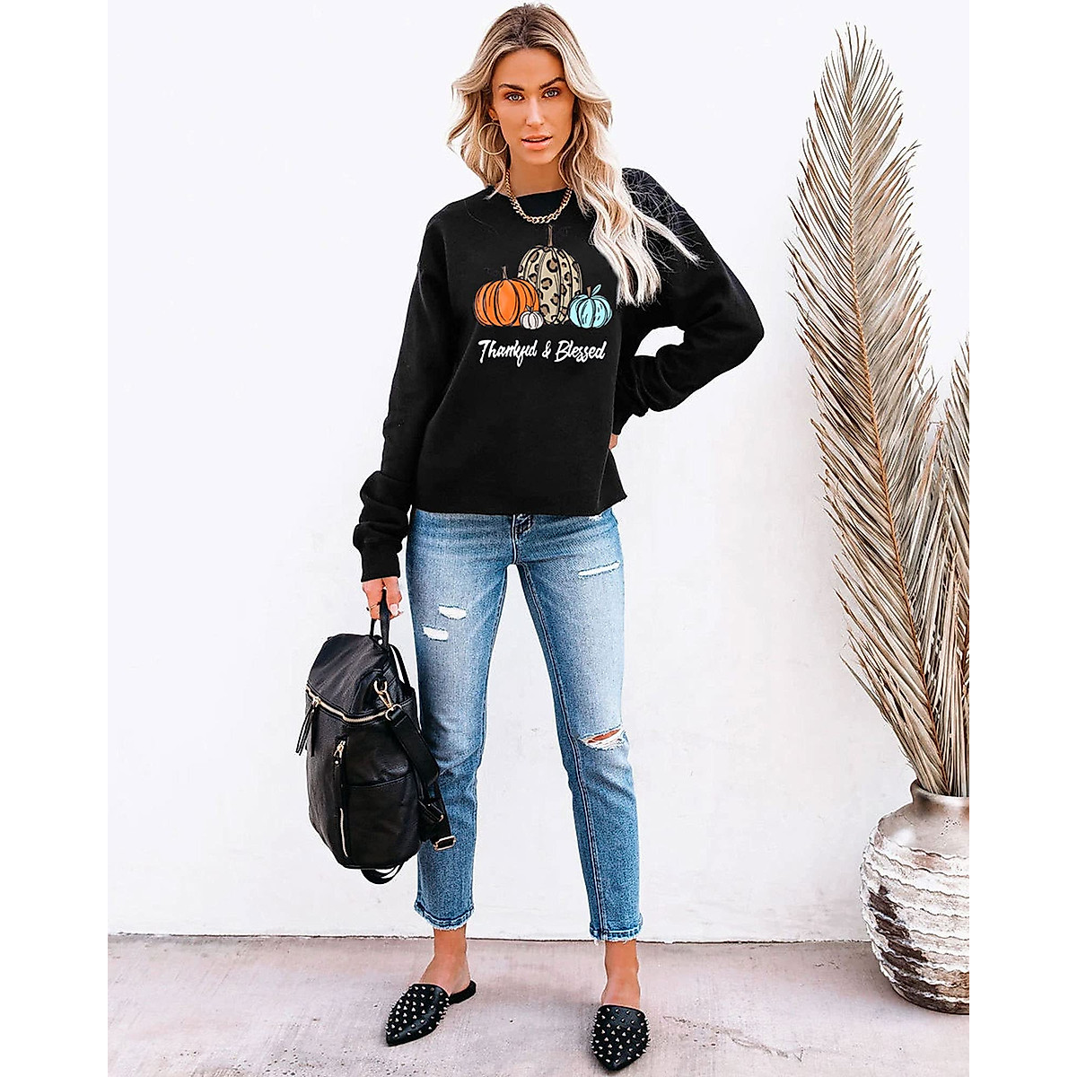 KIDDAD Thankful Blessed Sweatshirt Womens Thanksgiving Shirt Cute Leopard Pumpkin Pullover Shirt Casual Fall Long Sleeve Tops