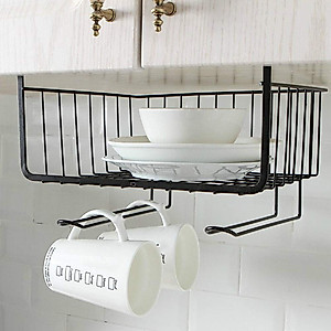 Under Cabinet Storage Shelf, Durable Rust Proof Metal Hanging Wire Basket for Kitchen Office Cabinet (Black)