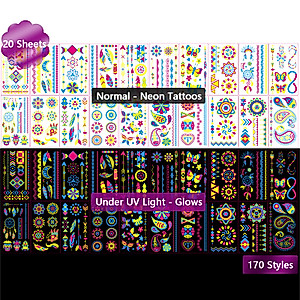 Glow in The Dark Temporary Tattoos 20 Sheets UV Neon Blacklight Tattoos, Body Face Paint Fake Glow Party Supplies Tattoos Stickers for Aldult Women Men Teen Girl