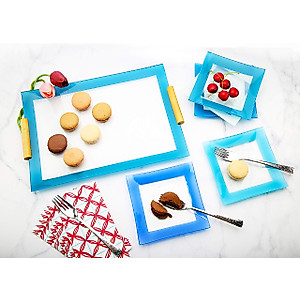 GAC Unique Design Blue Rectangular Tempered Glass Serving Tray with Wooden Handles – 10x14 Inch – Break Resistant – Dishwasher Safe - Attractive Colored Serving Platter