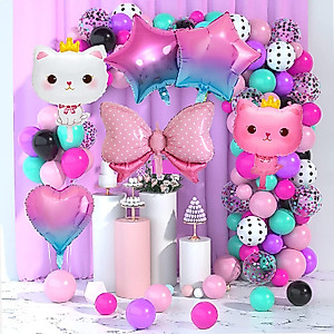 139 PCS Surprise Balloon Garland Arch White Pink Cat Bowknot Stars Heart Foil Balloons for Girls Baby Birthday Baby Shower Wedding Surprise Party Decorations