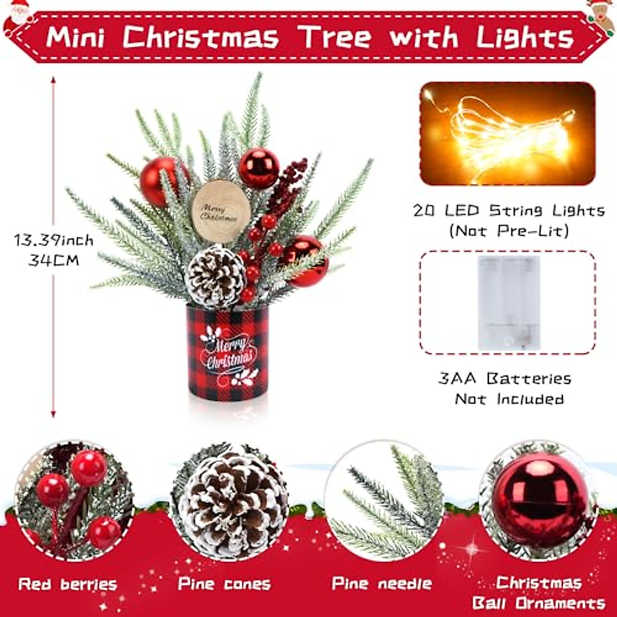 AILANDA Small Christmas Tree with 20LED Lights, 13.4" Artificial Mini Tabletop Christmas Tree with Xmas Ball Ornaments Pine Cone Berry for Table Thankgivings Christmas Decorations Home Indoor Decor