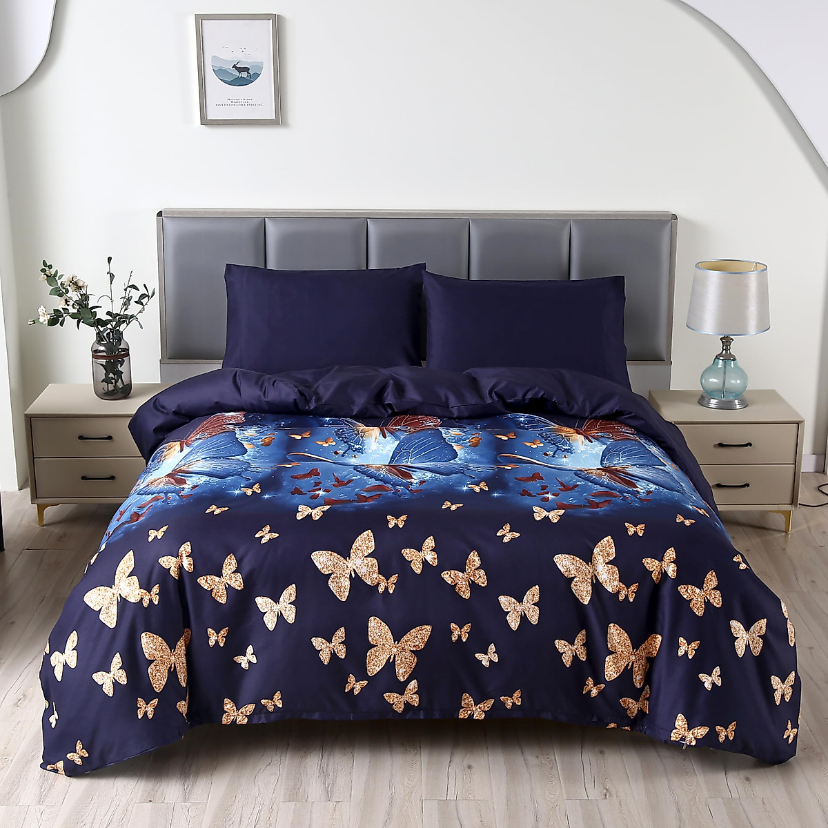 MAG 3pcs Butterfly Bedding Duvet Cover Set,Vintage Bedding Sets,Cute Duvet Cover Set for Toddler, Kids, Girls, Super Soft Microfiber (no Comforter) (Dark Blue, Twin)