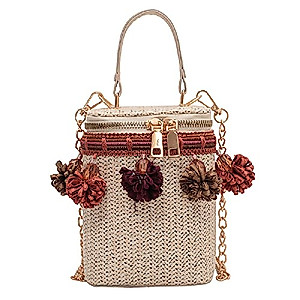 IAMUHI Womens Handwoven Straw Phone Bag Small Floral Tassel Cross-body Beach Purse Mini Bucket Tote Handbag,White