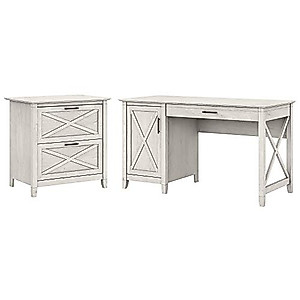 Bush Furniture Key West 54W Computer Desk with Storage and 2 Drawer Lateral File Cabinet in Linen White Oak