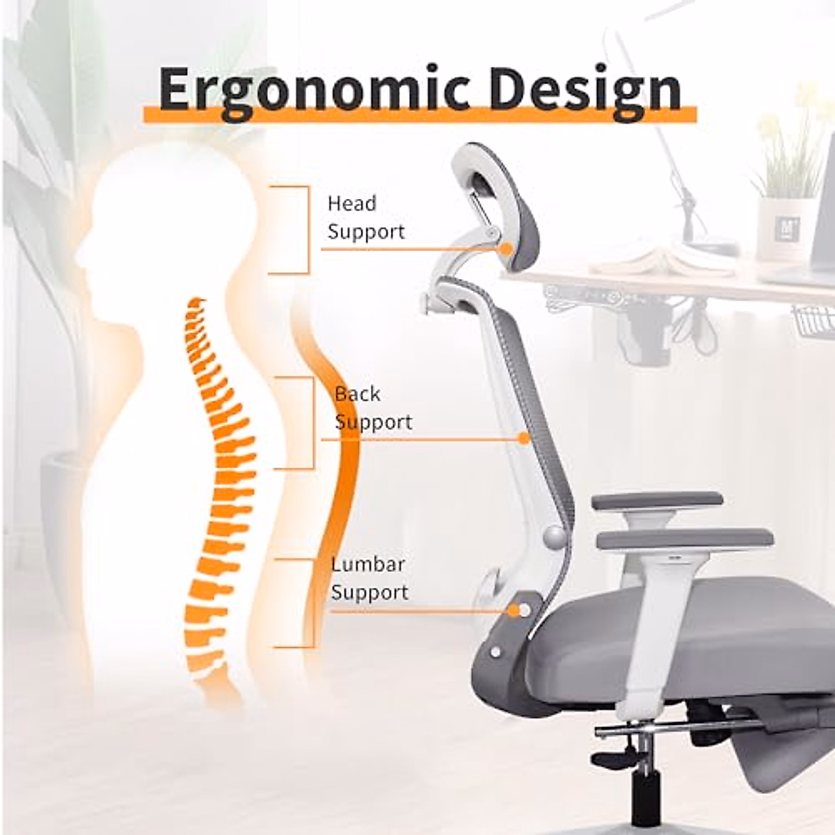 Foldable Ergonomic Office Chair, High Back Desk Chair with Footrest, Mesh Back Computer Chair with 2D Headrest, 2D Armrest, Adjustable Lumbar Support, Soft Sponge Seat, Swivel Task Chair, Gray