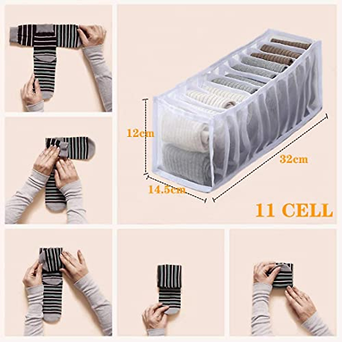 Washable Drawer Organizer Nylon Mesh Fabric Closet Organizer for Underwears Pants T-shirts (White-4pc for Underwear/Sock)
