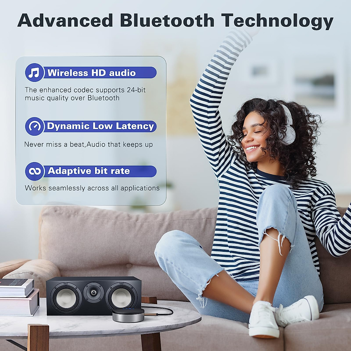 Bluetooth Receiver, Bluetooth Audio Adapter for Home Stereo, Speaker with AUX 3.5mm / RCA Input, Low Latency and HD Audio, Pair with Phone, PC, TV, Dual-Device Connection