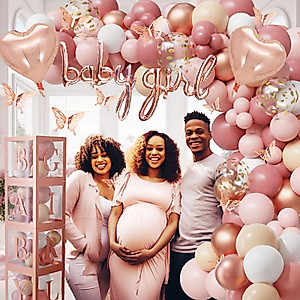 132pcs Rose Gold Baby Shower Decorations with Girl Baby Boxes, Boho Blush Pink Tan Butterfly Balloon Arch Kit Baby Box with Letters for Women Birthday Bridal Wedding Tea Party Valentine’s Day