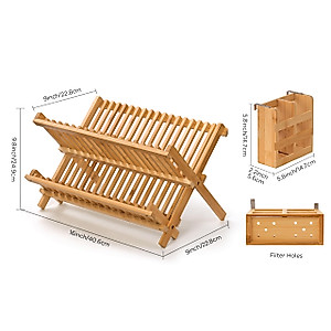 Oyydecor Bamboo Dish Drying Rack with Utensil Holder, 2 Tier Collapsible Dish Rack for Kitchen Counter, Large Folding Drying Holder, Dish Drainer, Kitchen Organizers and Storage