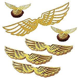 50 Pcs Golden Snitch Wings with Glue Circles Glitter Wizard Party Chocolate Decoration Golden Wings Chocolate Decor Hollowed Party Supplies for Birthday Wizard Theme Party Supplies