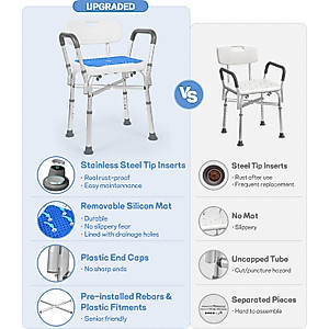 Adjustable Shower Chair with Arms and Back, Heavy Duty Shower Chair for Inside Shower with Double Crossbars, Safety Bars & Rust-Proof Shower Benches for Elderly and Disabled, Anti-Slip Mat Include