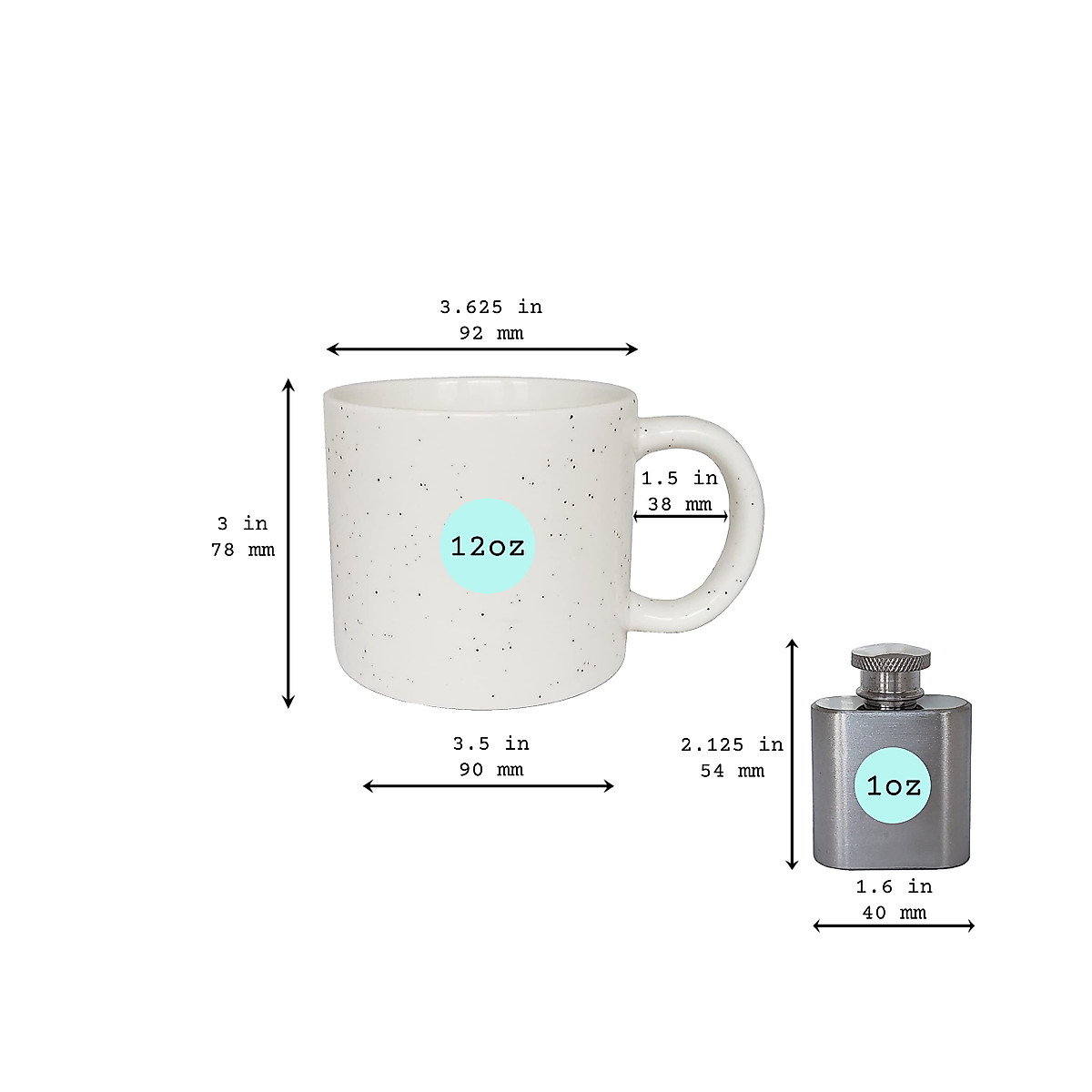 Lemur Ceramic Coffee Mug with Stainless Steel Flask - 12 oz White Speckled Mug, 1 oz Hip Flask Attached with Leather Strap