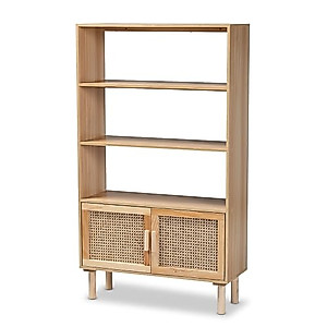 Baxton Studio Faulkner Mid-Century Modern Natural Brown Finished Wood and Rattan 2-Door Bookcase