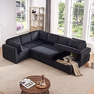mestyl Convertible Pull Out Sleeper Sofa Bed with Storage Chaise, Oversized U Shaped Sectional Couch Bed with 2 Pillows, Comfy Large L Shaped Pullout Couches Bed for Living Room, Velvet, Black, MT002