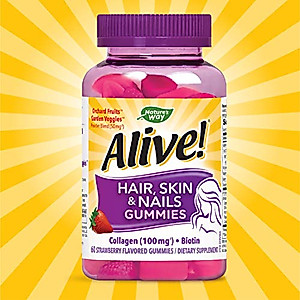 Nature's Way Alive! Hair, Skin & Nails Gummies with Biotin and Collagen, Beauty Support*, Strawberry Flavored, 60 Gummies