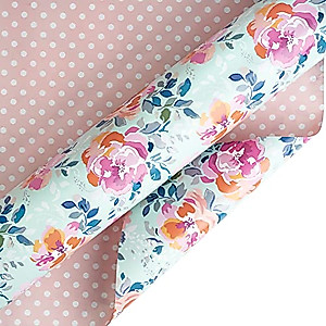 LeZakaa Reversible Floral Wrapping Paper Jumbo Roll - Flower in Blue & White Dot in Pink - 24 inches x 100 Feet (200 sq.ft.)