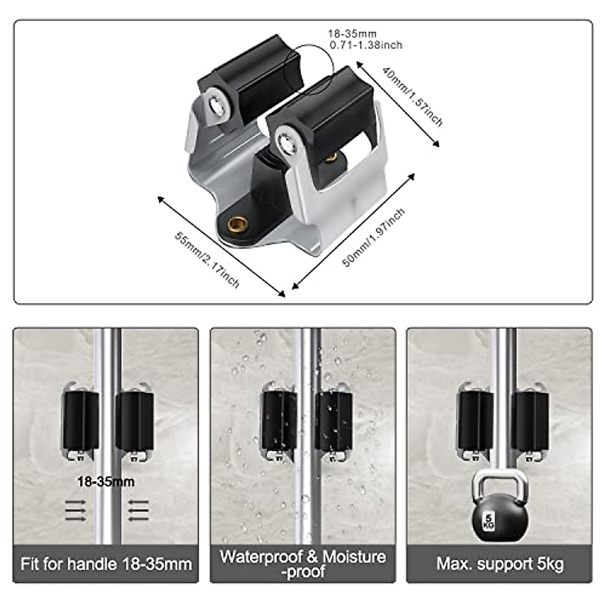 3-H Mop and Broom Holder Wall Mount, Broom Holder Wall Mount 10 Pack, Broom Holder for Garage Garden Shed Storage System Laundry Room Home Kitchen Organization up to 1.45 Inch(Black)