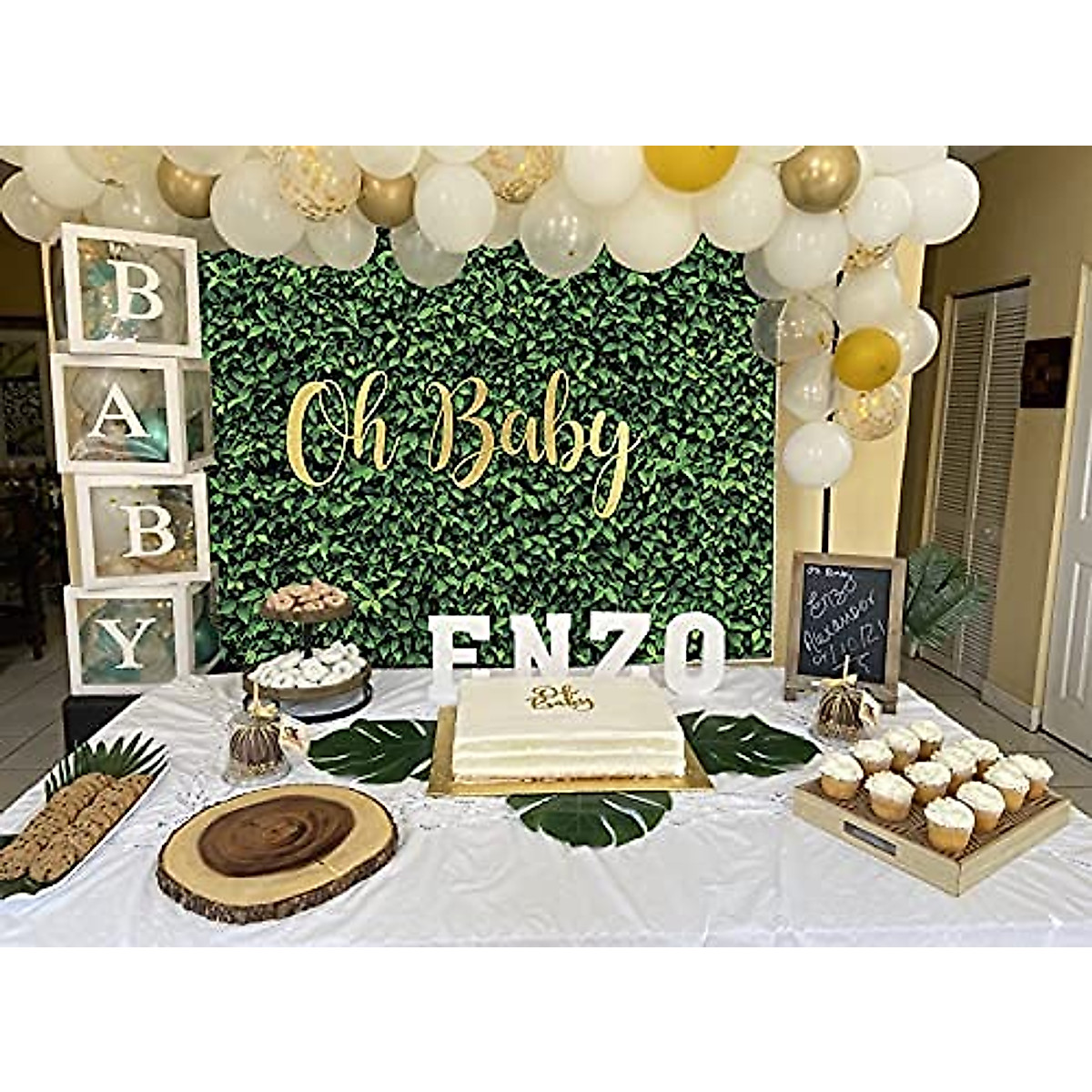 Cenven Oh Baby Green Leaves Wall Backdrop Green Grass Baby Shower Photography Background Baby Newborn Announce Pregnancy Birthday Party Decorations Supplies Photo Studio Props 7x5FT