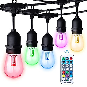 48FT Outdoor RGB String Lights with 15 S14 E26 Waterproof LED Bulbs， String Lights Patio Lights with Remote Control for Bistro Backyard Garden Cafe Pergola-15 Bulb