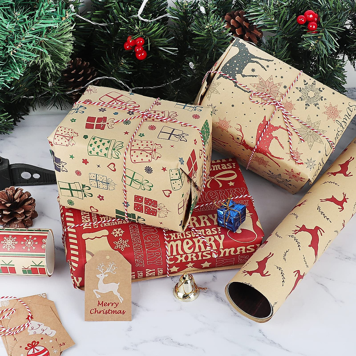 BOENFU Christmas Wrapping Paper, 8 Sheets Recyclable Kraft Paper for Xmas, 70x50CM in Folded Gift Wrap Paper