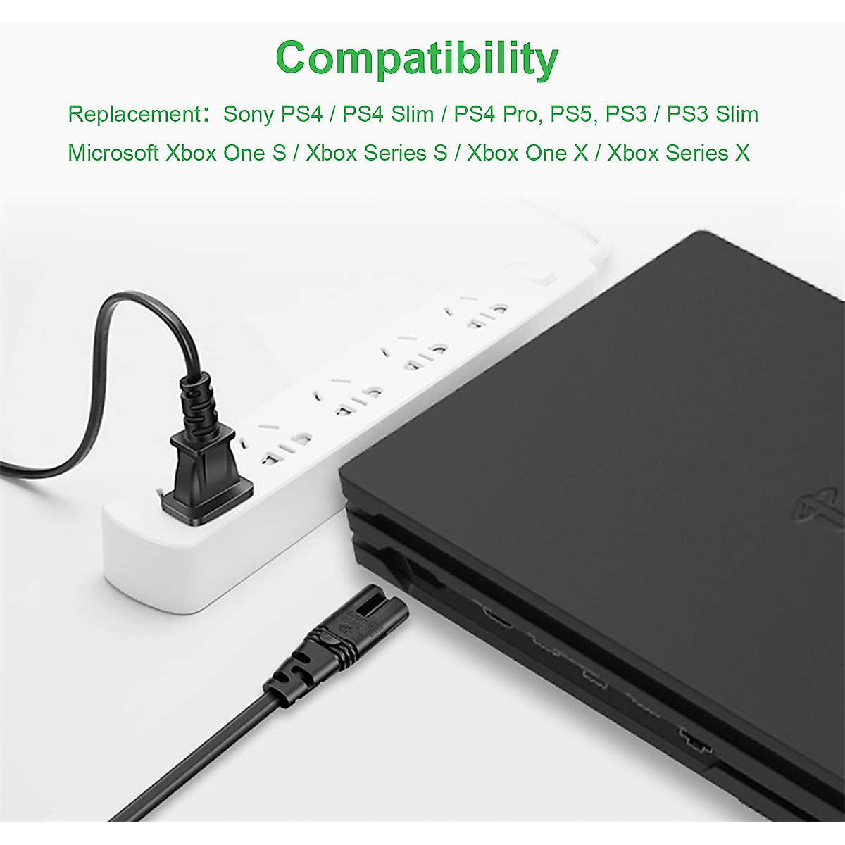 6ft 2 Prong AC Power Cord Compatible with Sony PS4 PS5 PS3 Slim, Playstation 4, Xbox One S, Xbox One X, Xbox Series X, Xbox Series S Replacement Lost Game Console Power Supply Cable