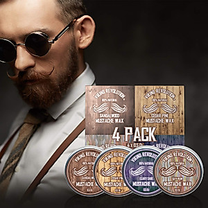 Viking Revolution Mustache Wax 4 Variety Pack - Beard & Moustache Wax for Men - Strong Hold Helps Train Tame & Style- Sandalwood, Clary Sage, Cedar Pine, Bay Rum Styles