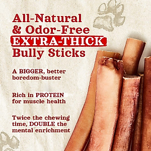 Natural Farm Odor Free Jumbo Bully Sticks (12 Inch, 5 Pack), Extra-Thick Chews for Dogs, Fully Digestible 100% Beef Treats, Supports Dental Health, Keep Your Dog Busy with 50% Longer Lasting Chews…