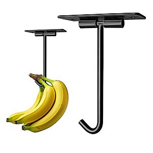 KINDREX 2 Pack Banana Hook Foldable Under Cabinet, Metal Banana Hanger to Keep Bananas Fresh, Banana Holder Folds Up with Magnets or Other Kitchen Items (Matte Black)