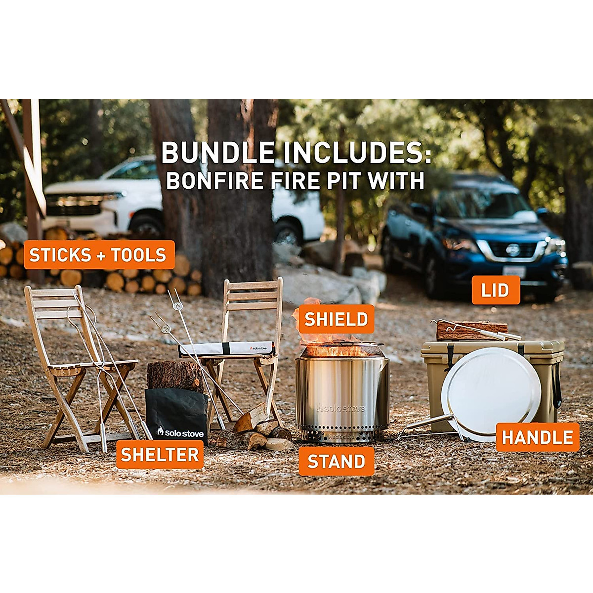 Solo Stove Bonfire Ultimate Bundle 2.0 | Smokeless Fire Pit, Stand, Shelter, Shield, Lid, Handle, Sticks&Tools, Portable Camping Accessories, Wood Burning, Stainless Steel, H: 16.75in x Dia: 19.5in