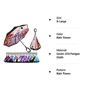 owen kyne Windproof Double Layer Folding Inverted Umbrella, Self Stand Upside-down Rain Protection Car Reverse Umbrellas with C-shaped Handle (Rain Tower)