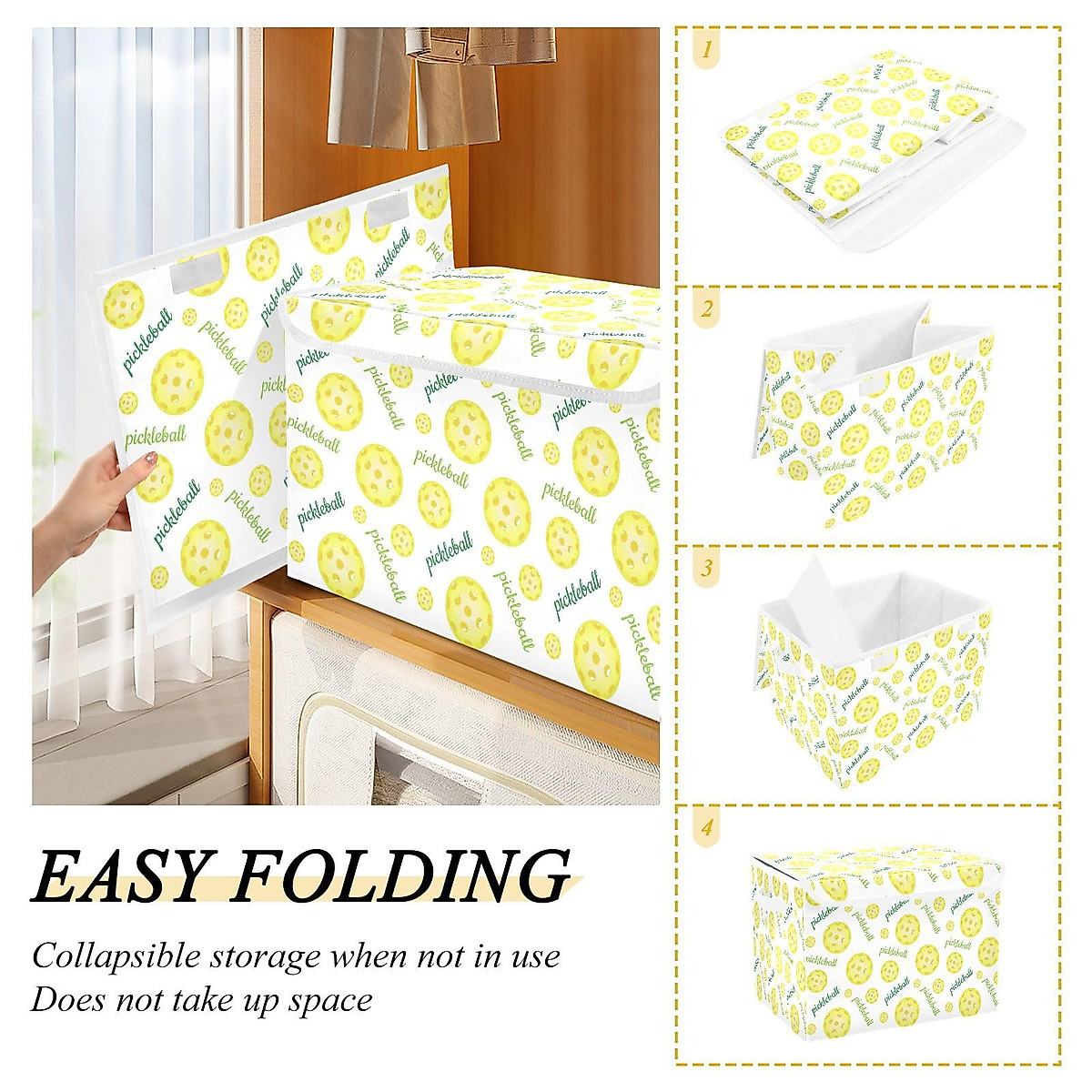DIGTIA Yellow Pickleball Balls Storage Bins with Lids Sports Foldable Storage Basket with Handles Collapsible Large Fabric Organizer Containers for Clothes Shelves Closet Office Home