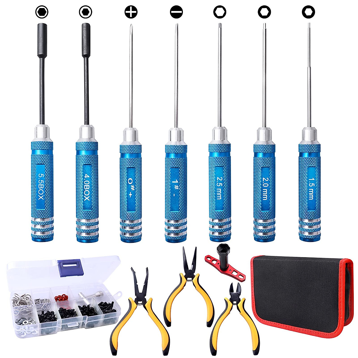 13-in-1 RC Tools Kits Box Set, RC Screw Kit, Hex Nut Drivers, Pliers, Wrench, Repair Tools Screwdriver Set for Traxxas Arrma Axial Redcat Losi RC Car Quadcopter Drone Airplane Helicopter Boat