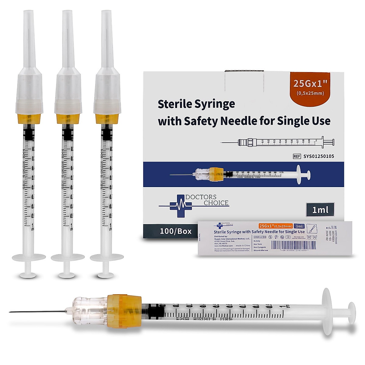 1 mL Precision Dispensing Tool - 25G x 1" - Luer Lock Tip with Safety Attachment, Individually Wrapped - Industrial and Personal Use (Box of 100)