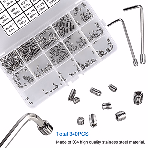 HanTof 340Pcs M2.5, M3, M4, M5, M6, M8 Metric Hex Socket Head Cup Point Set Screws, Allen Head Grub Screw, Internal Hex Drive Headless Set Screw Assortment Kit with 6 Hex Wrenches, 304 Stainless Steel