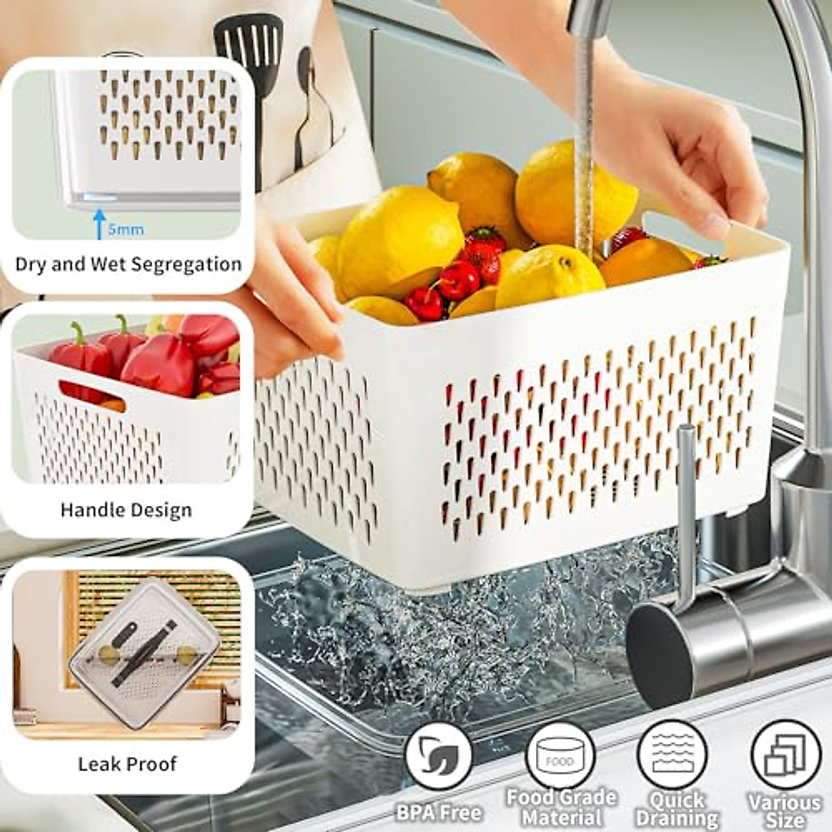 Kearning 5 Pcs Large Airtight Food Storage Containers with Lids&Handle, Fruit Storage Containers for Fridge with Removable Colanders, Leakproof Meal Prep Containers, Bento Box, Organizers and Storage