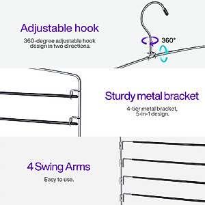 ARRIGO 3 Pack Pants Hangers Space Saving Non Slip Multiple Pants Hanger for Women with Swing Arm Closet Storage Organizer for Pants Jeans Trouser Leggings Scarf Tie