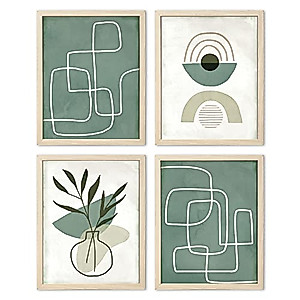 ArtbyHannah 11x14 Boho Framed Wall Art Set of 4, with Sage Green Geometric Line and Bohemia Art Prints for Home Decoration