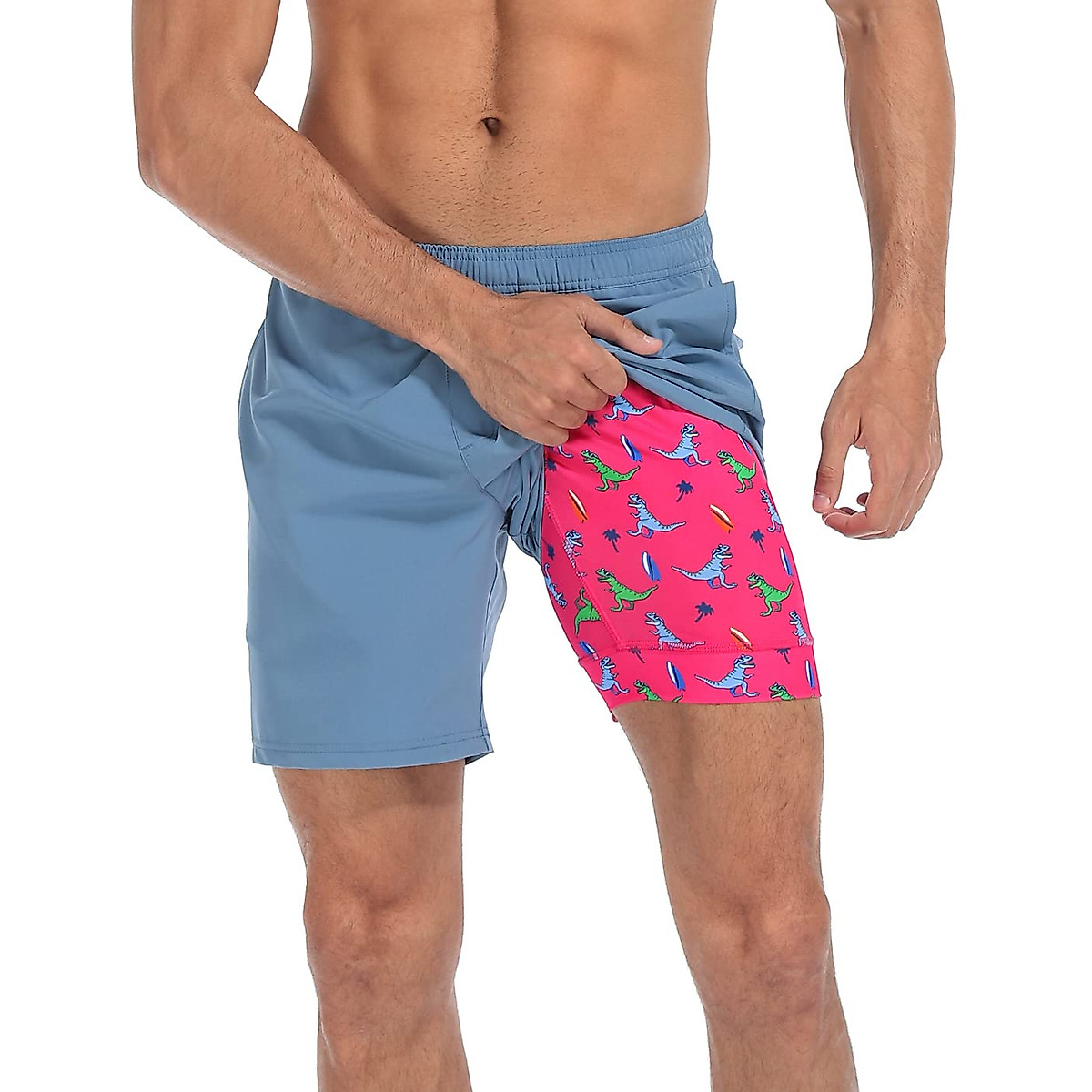 LRD Mens Athletic Workout Shorts with Compression Liner 7 inch Inseam Blue/Pink Surfer Dino - L