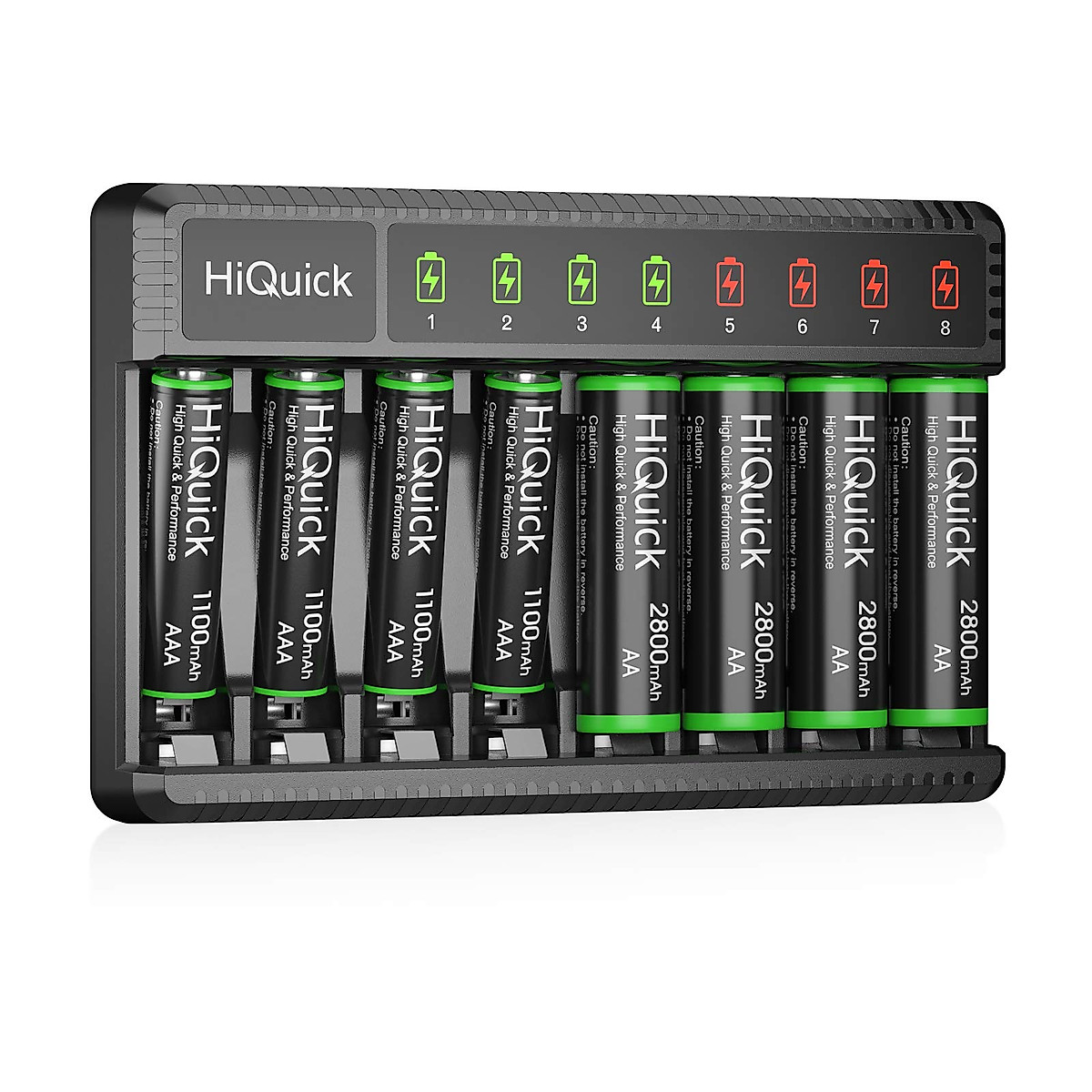 HiQuick 8 Bay Smart Battery Charger with 4AA and 4AAA Battery + 8 Pack AAA Rechargeable Batteries