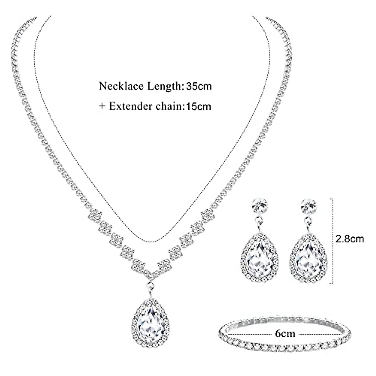 THUNARAZ Silver Bridal Jewelry Set Rhinestone Crystal Necklace Bracelet Dangle Earrings for Women Brides Bridesmaid Prom Costume Accessories