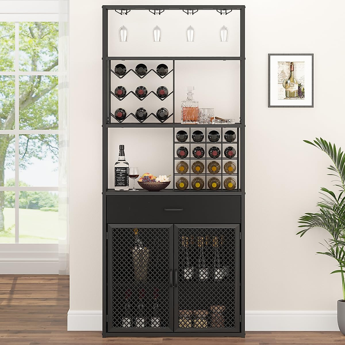 HSH Tall Bar Cabinet, Black Liquor Cabinet with Drawer, Large Modern Wine Cabinet with Storage Shelf and Wine Rack, Industrial Wood Coffee Bar Cabinet for Home Kitchen Living Room, Black Oak, 77 in
