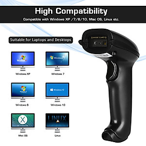 WoneNice USB Wired 1D 2D Barcode Scanner, Automatic Square QR Code Scanner for Computer POS Screen Scaning, Handheld CMOS Image Bar Code Reader for Retail Store Warehouse Library Supermarket, Black