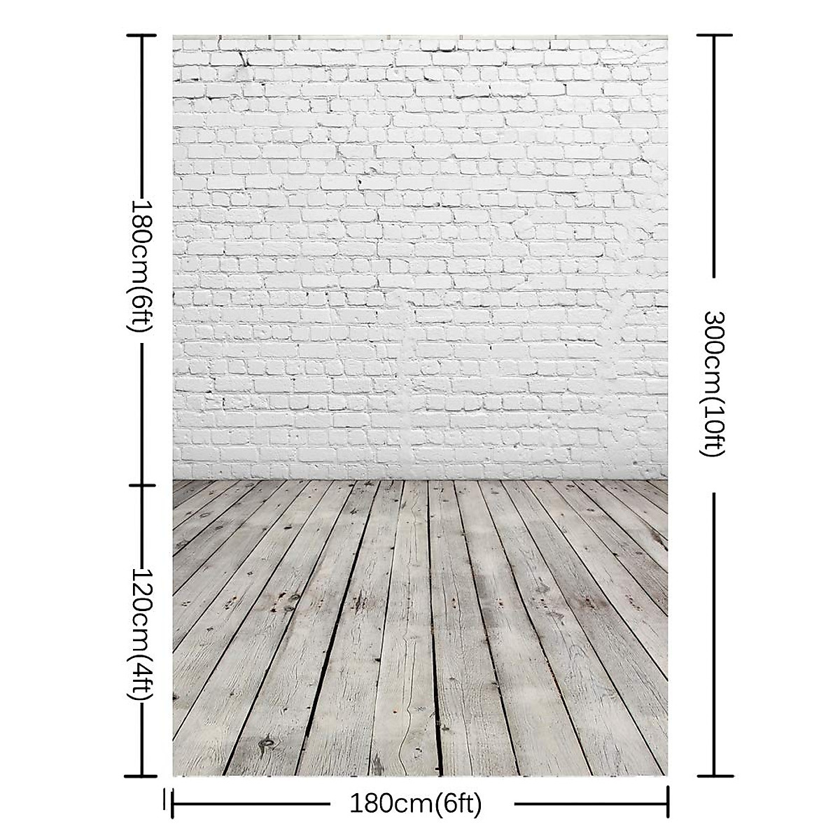 6'x10' White Brick Wall with Gray Wooden Floor Photography Backdrop Vinyl Background for Pictures D-2504