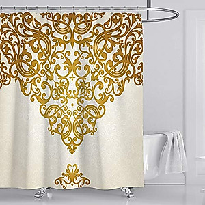 SUNGFINE 4 Pcs Boho Shower Curtains for Bathroom with Rugs,Beige Gold Non-Slip Washable Bath Mats Sets with Toilet Lid Cover, U-Shaped Pedestal Rugs and Waterproof Bathtub Curtains with Hooks (Gold)