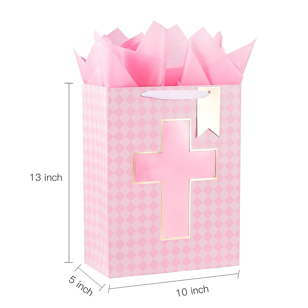 Loveinside Gift Bag with Pink Diamond and Cross Design, Tissue Paper for Baby Girl Baptisms, Christenings, First Communions Religious Occasion - 10" x 5" x 13", 1 Pcs