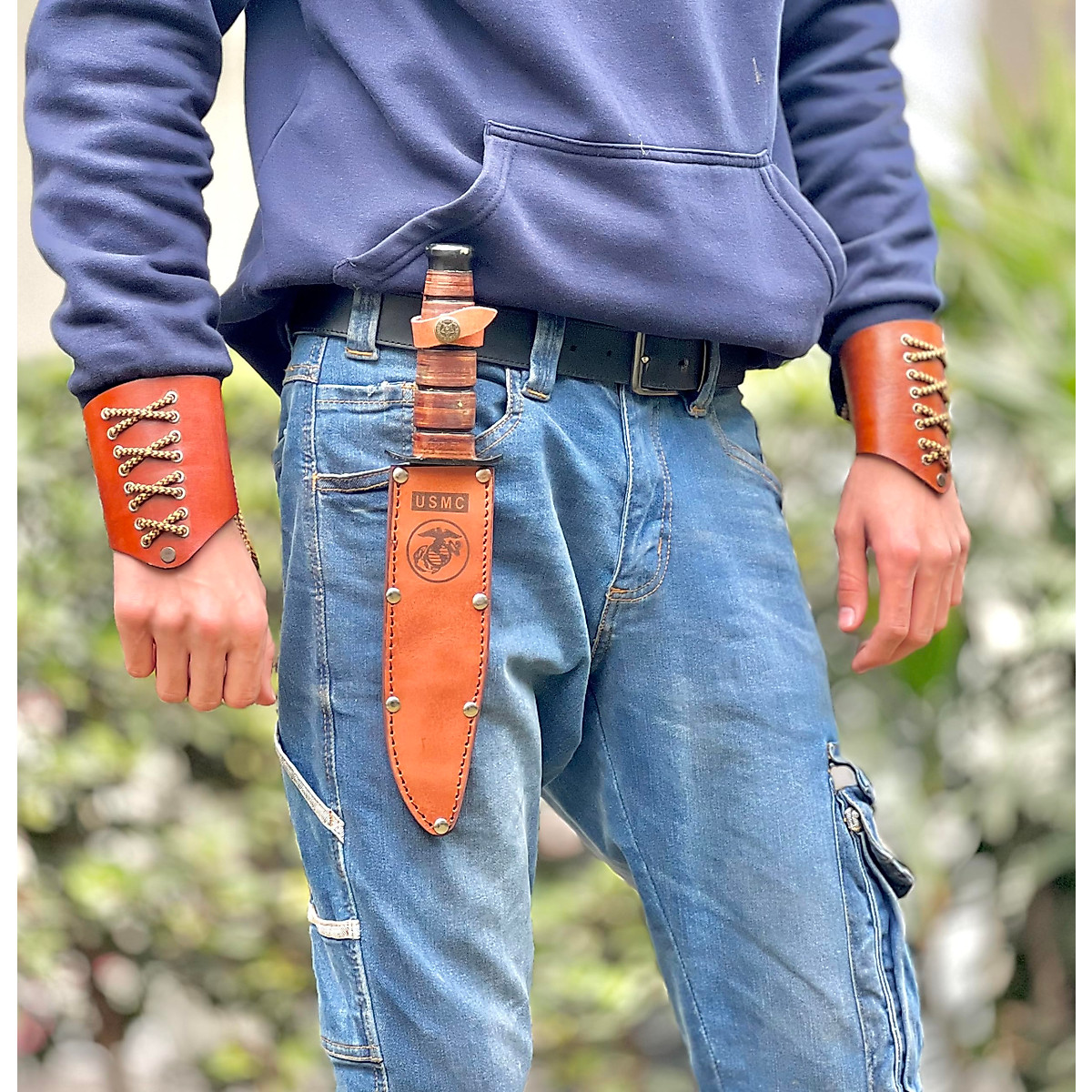 NoonKnives usmc Combat Fighter Knife with Leather Sheath - Stainless Steel Blade, Clip Point, Heat Treated Finish, Stacked Leather Handle, Your Camping and Survival Fixed Blade - Length 13